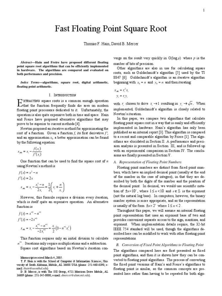 Fast Floating Point Square Root: Thomas F. Hain, David B. Mercer | PDF | Algorithms | Theory Of ...