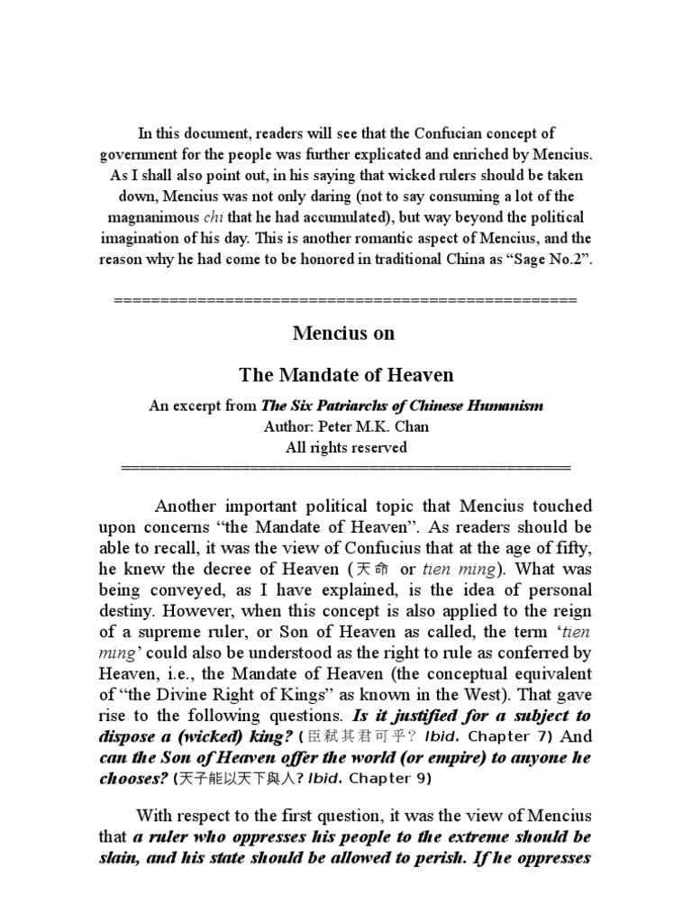 Mencius On The Mandate of Heaven | PDF | Confucianism | Heaven