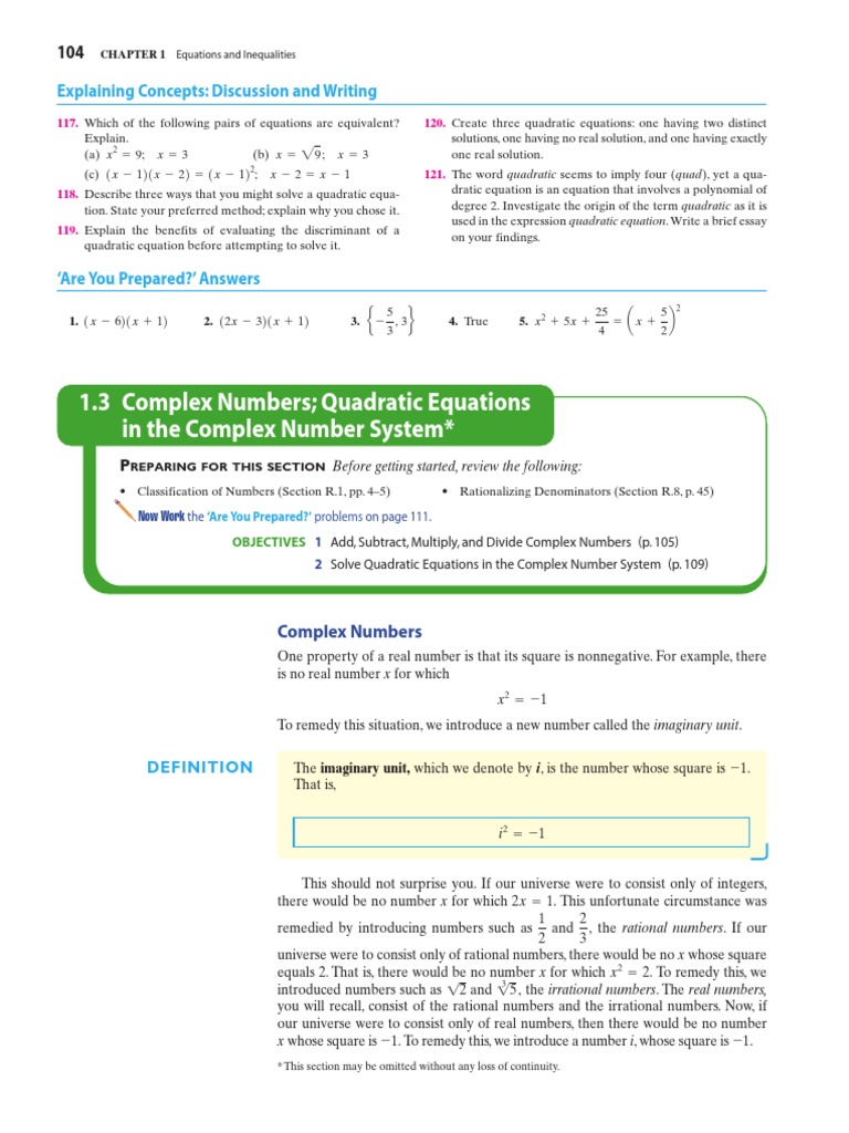 1.3 Complex Numbers Quadratic Equations in The Complex Number System ...