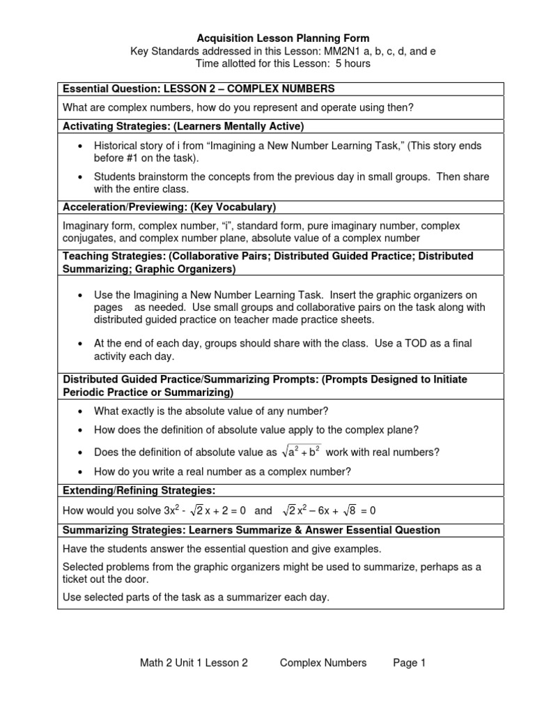 Math II Unit 1 Acq Lesson 2 Complex Numbers | PDF | Complex Number | Division (Mathematics)