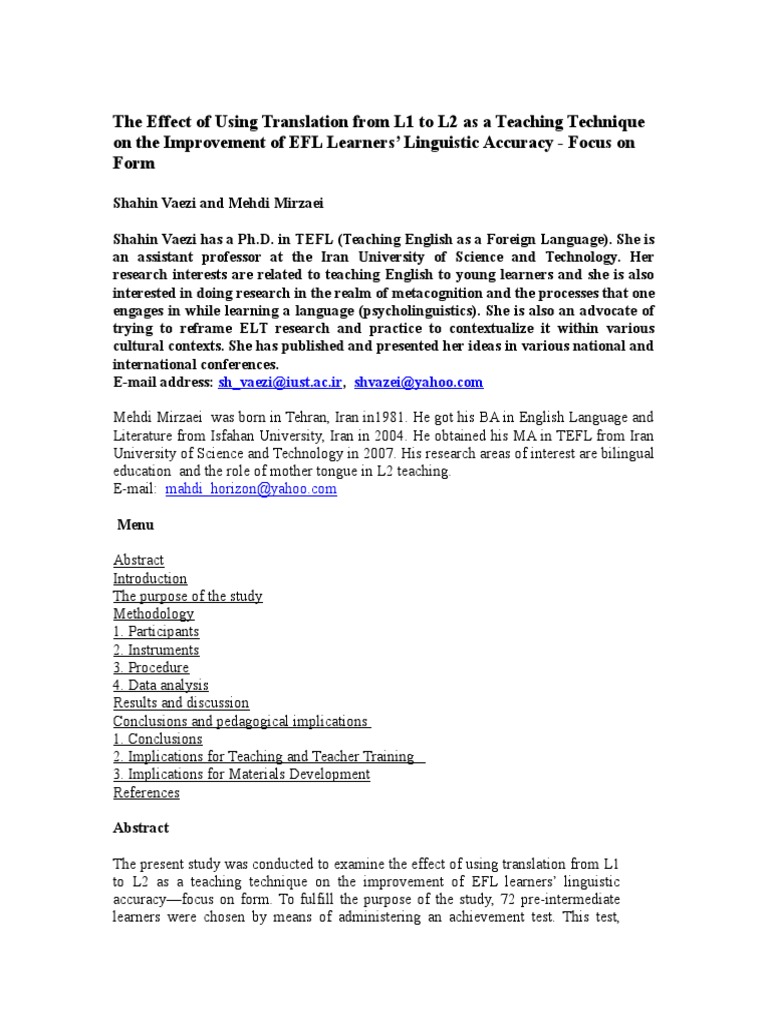 The Effect of Using Translation From L1 To L2 As A Teaching Technique On The Improvement of EFL ...