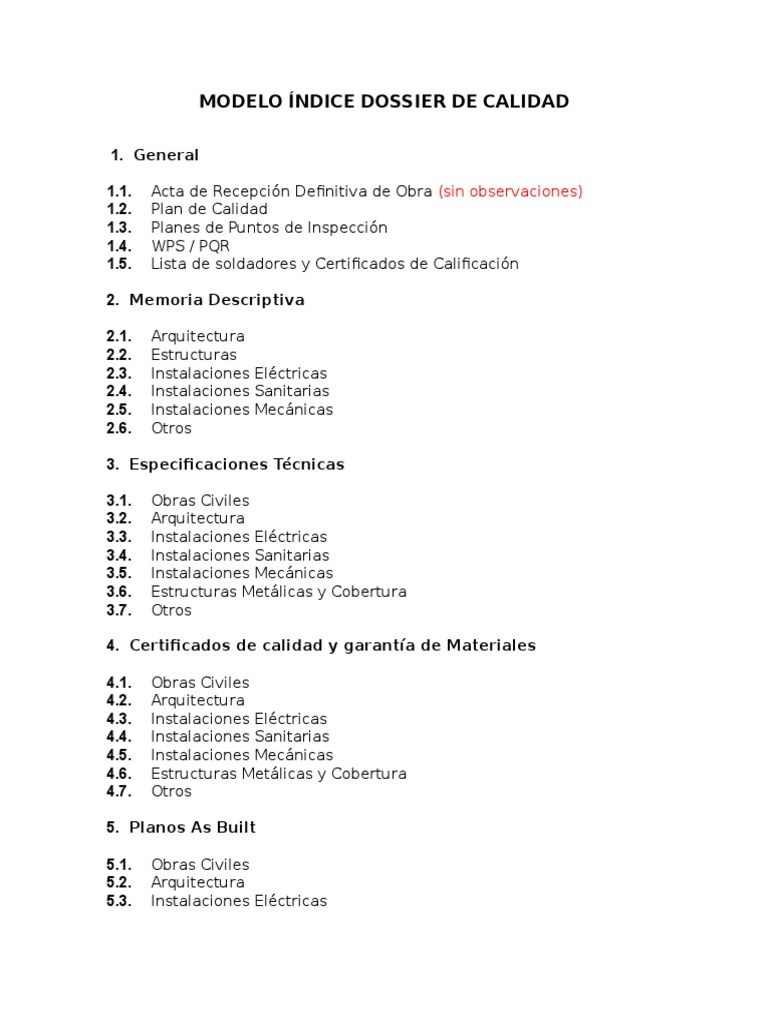 Modelo Indice Dossier de Calidad | PDF | Calidad (comercial) | Industrias