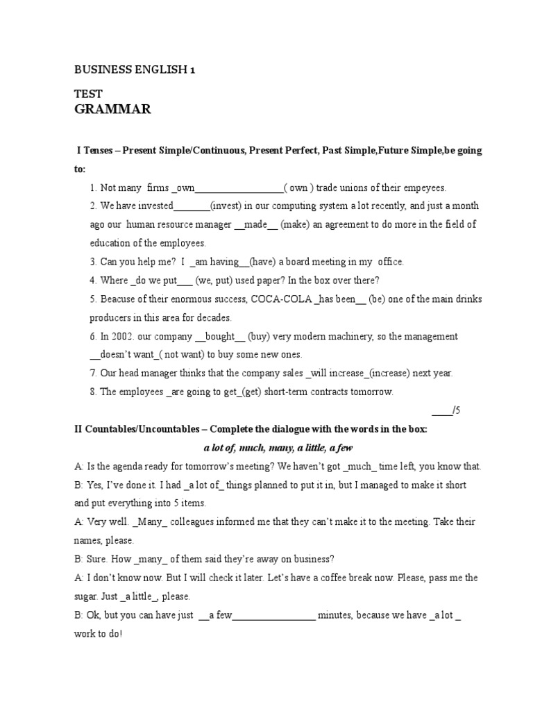 Business English 1 Test Za Vezbanje | PDF | Perfect (Grammar) | Business