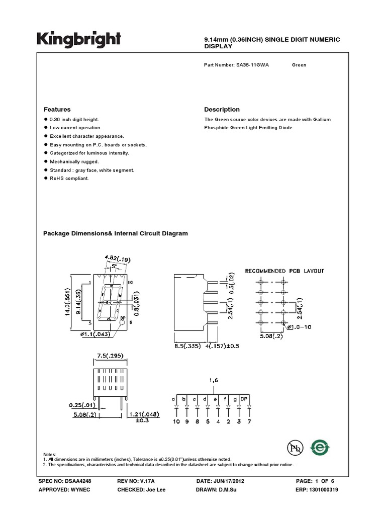 9.14Mm (0.36inch) Single Digit Numeric Display | PDF