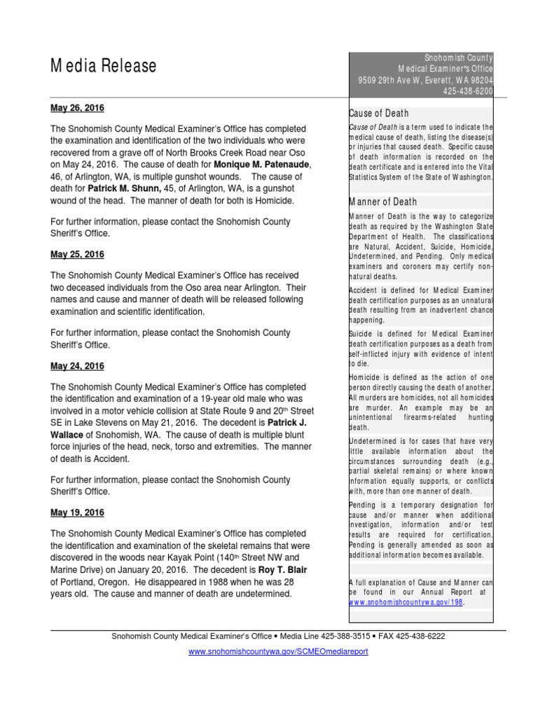 Snohomish County Medical Examiner's Report | PDF | Death Certificate | Coroner