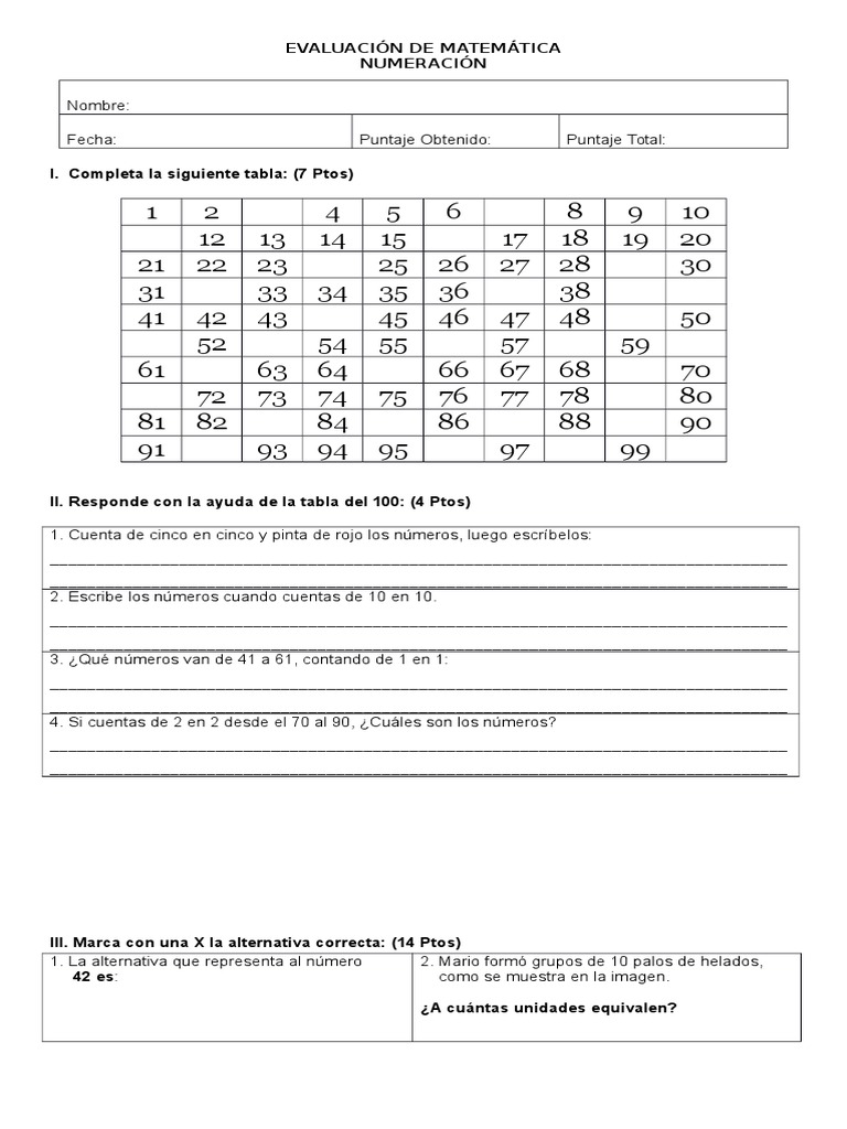 Prueba Matemática Numeración 0 Al 100. Marzo. Lista | PDF