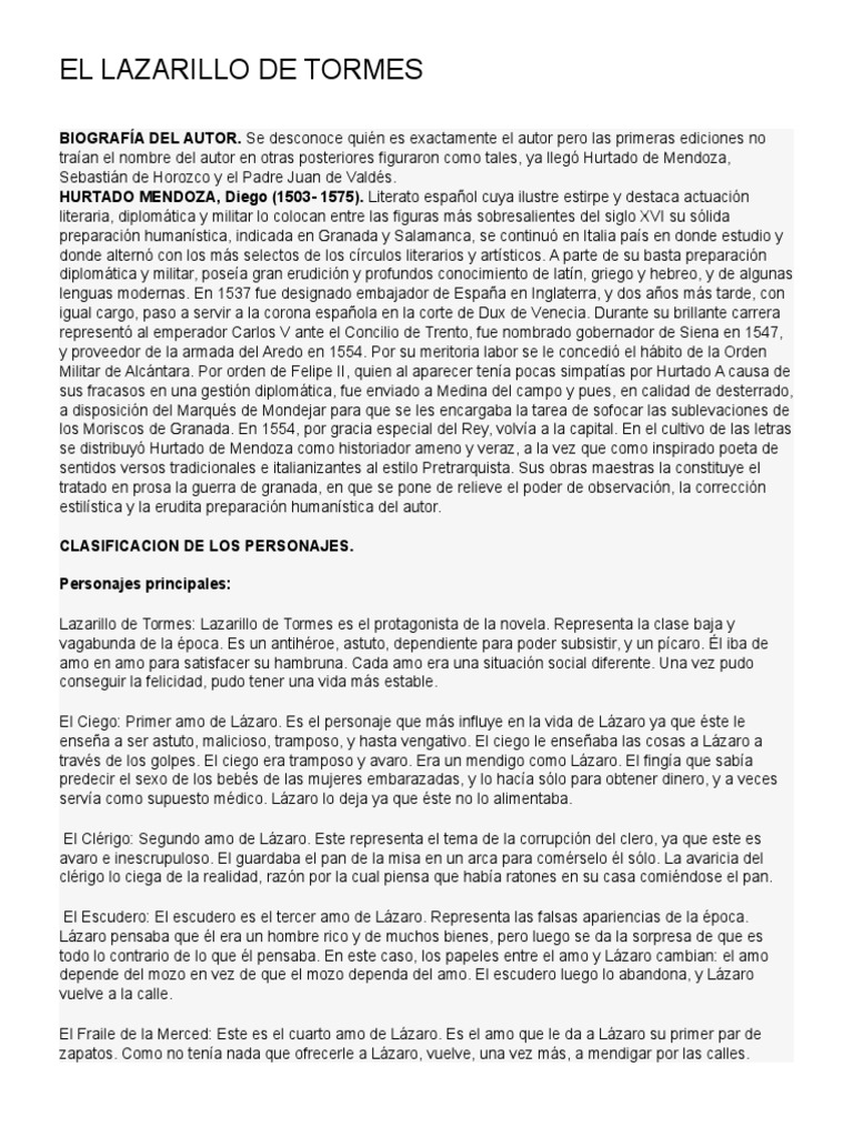 Biografía y personajes de Lázaro de Tormes | PDF | España