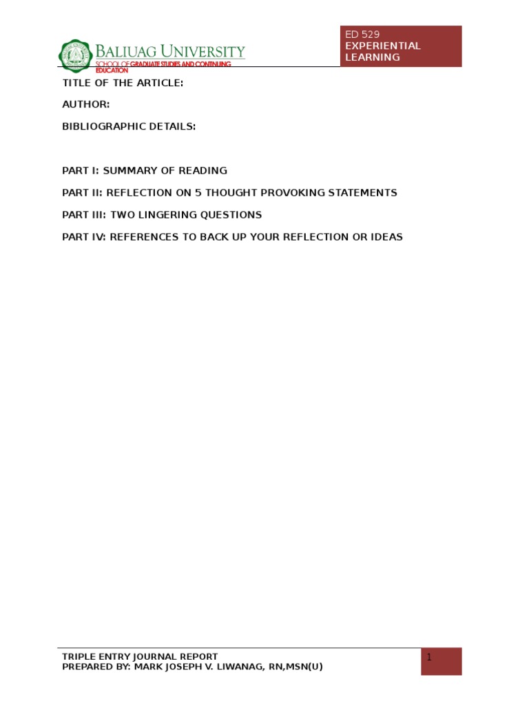 Triple Entry Journal (Format) | PDF