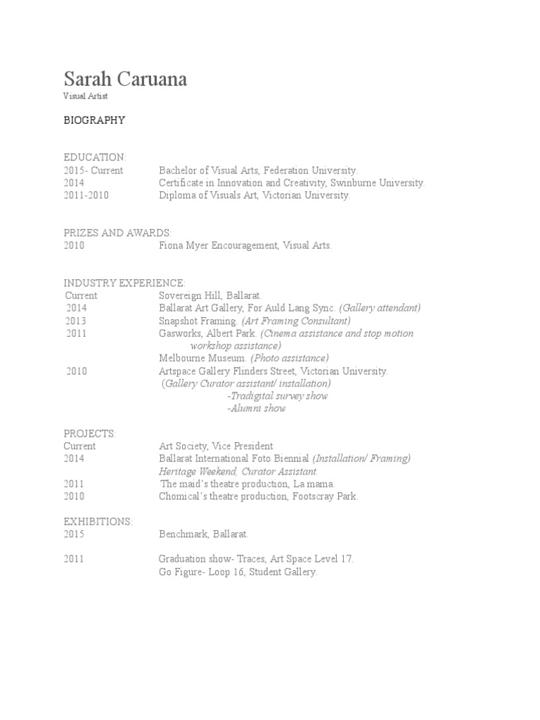 Sarah Caruana: Visual Artist Bio & Experience | PDF