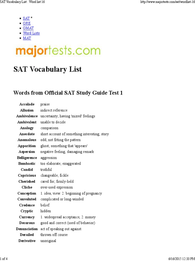SAT Vocabulary List - Word List 16 | PDF | Sat | Student Assessment And ...