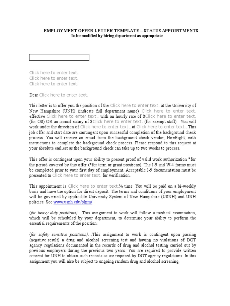 Offer Letter Template Status Staff | PDF | Background Check | Employment