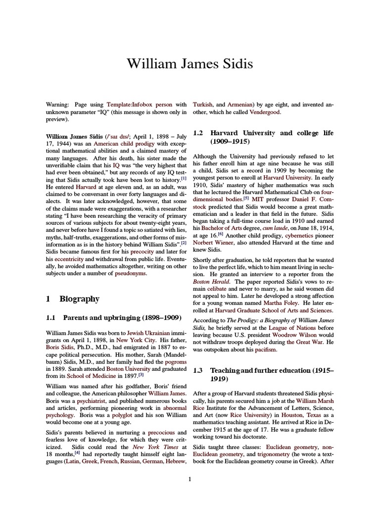 William James Sidis: Prodigy and Vendergood | PDF | Psychology