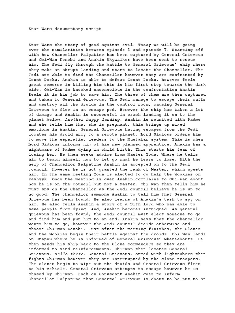 Star Wars Documentary Script | PDF | Darth Vader | Obi Wan Kenobi