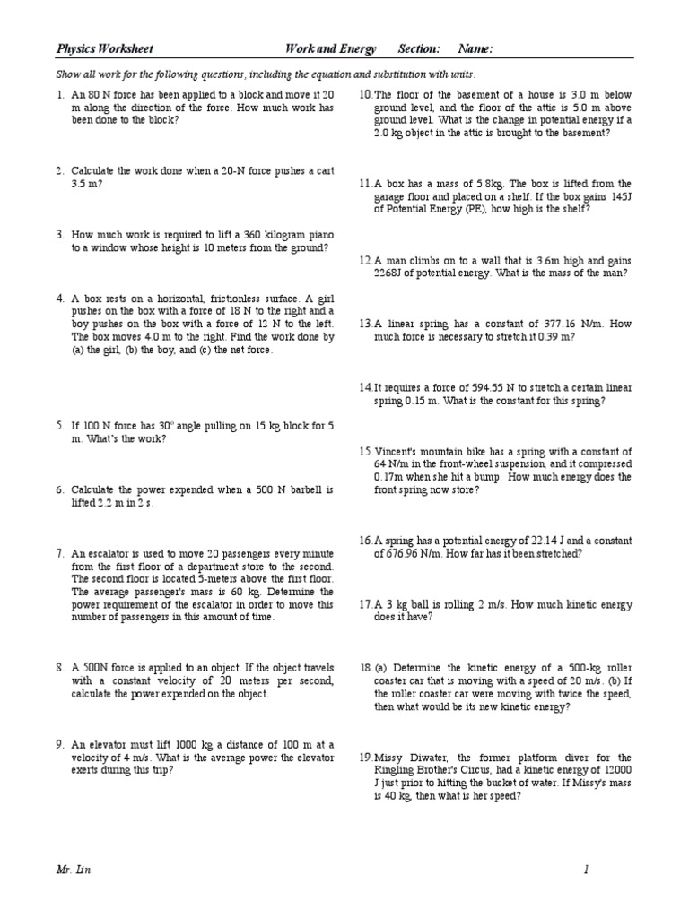 Physics Worksheet Work and Energy | Force | Mass