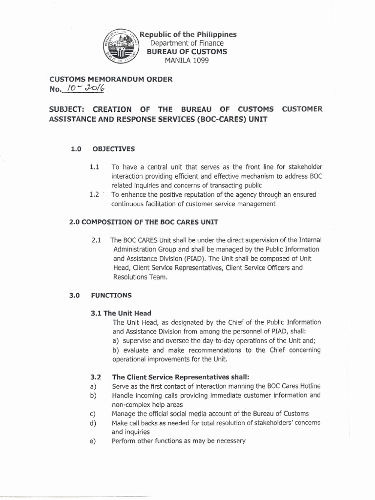 BOC CMO 10 2016 Creation of The Bureau of Customs Customer Assistance ...