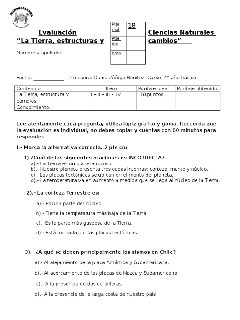 Prueba Capas de La Tierra Ciencias | PDF