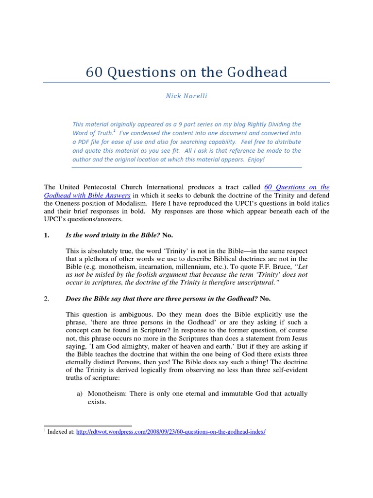 60 Questions on the Godhead Explained | PDF | God The Father | Oneness ...