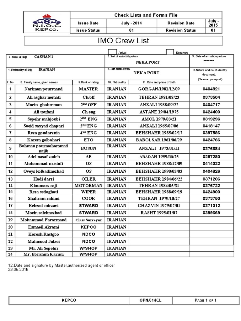 IMO Crew List: Check Lists and Forms File | PDF