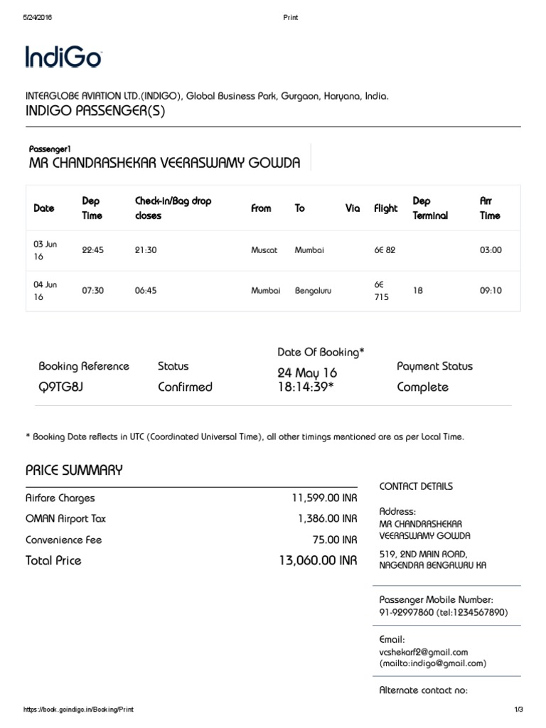Indigo flight itinerary and details from Muscat to Bengaluru | PDF ...