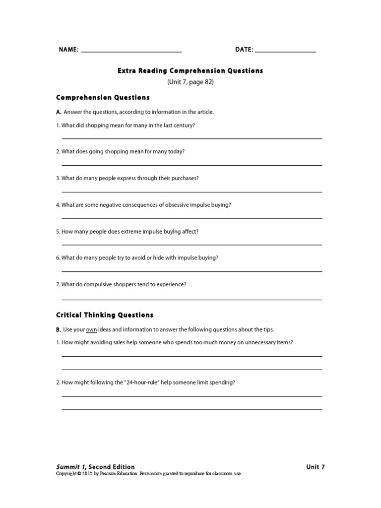Extra Reading Comprehensionquestions: (Unit 7, Page 82) | PDF