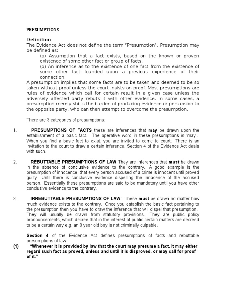 Presumptions Brief Notes | Evidence (Law) | Evidence