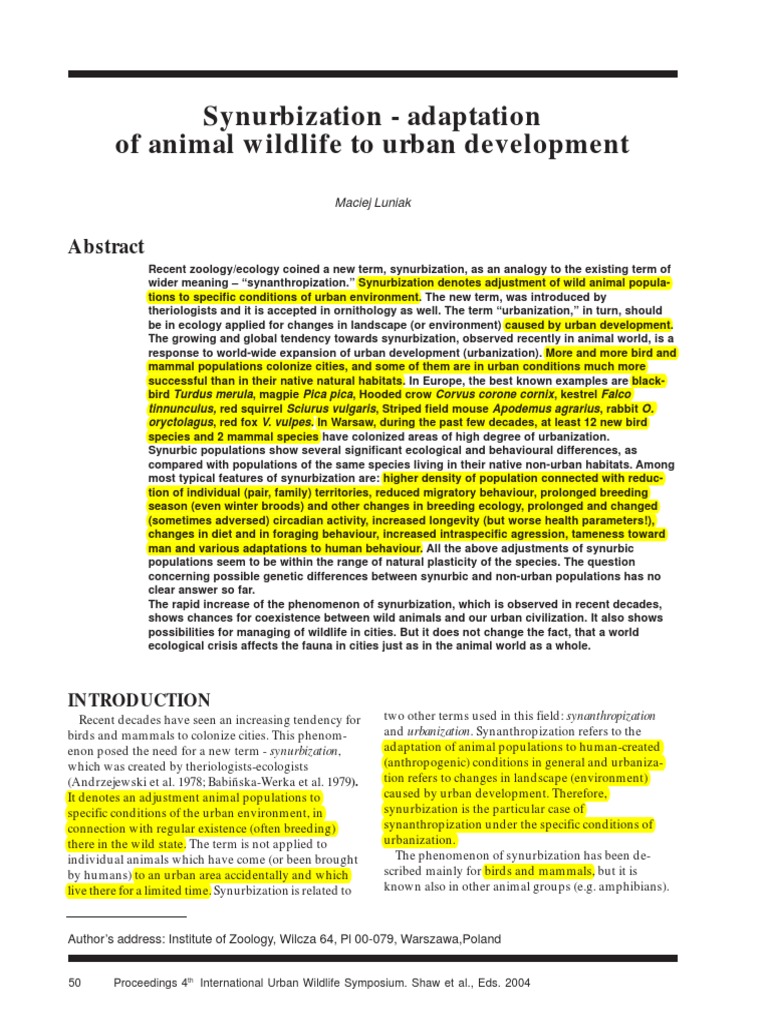 Adaptation and Colonization: Exploring the Phenomenon of Synurbization ...