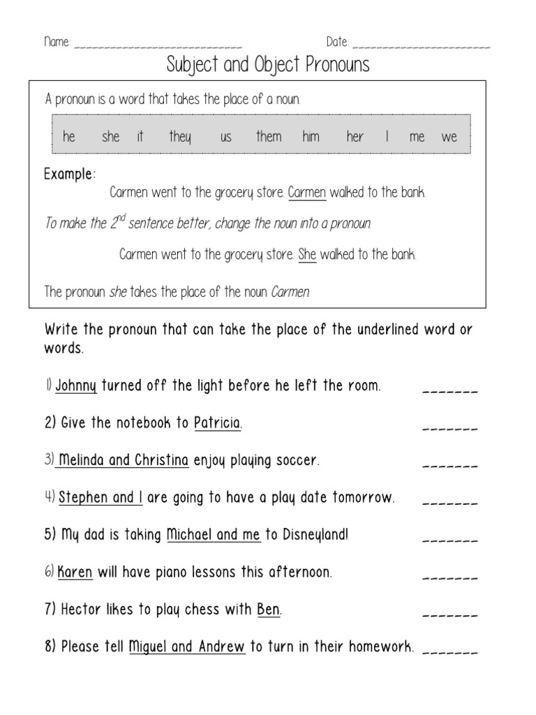 Subject Object Pronouns Worksheet | PDF
