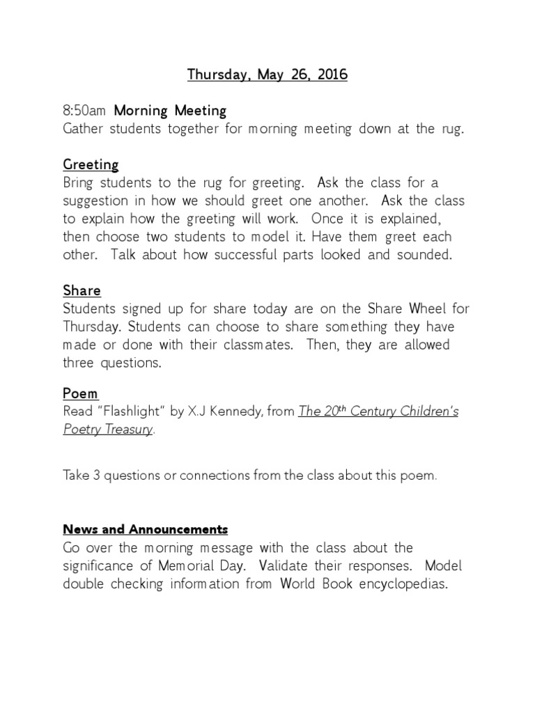 Morning Meeting Agenda for May 26, 2016 | PDF