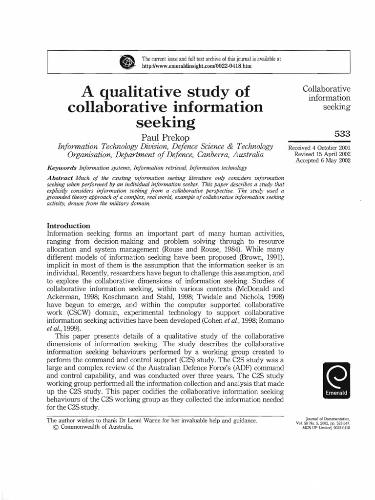 Prekop 2002 A Qualitative Study of Collaborative Information Seeking ...