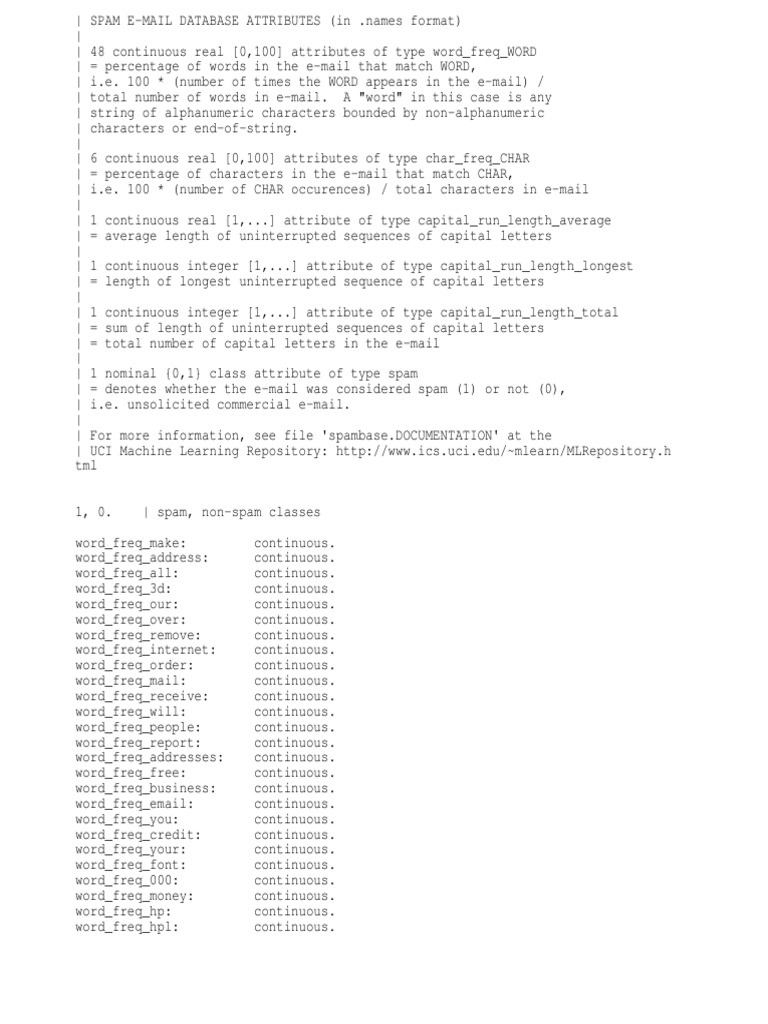 Spambase Names | PDF | Email | Sequence