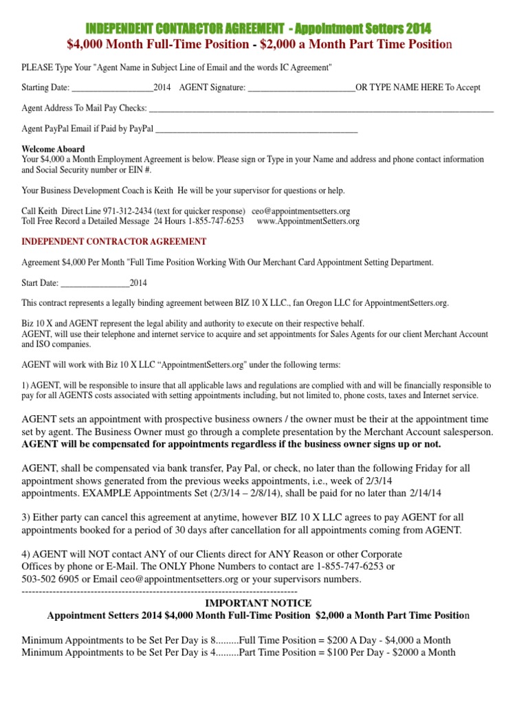 Appointment Setters Contract | Credit Card | Payments