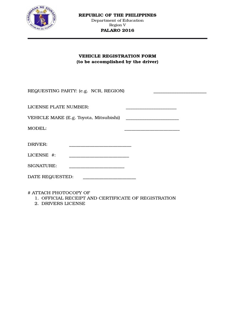 Vehicle Registration Form for Palaro 2016 | PDF | Business | Finance ...