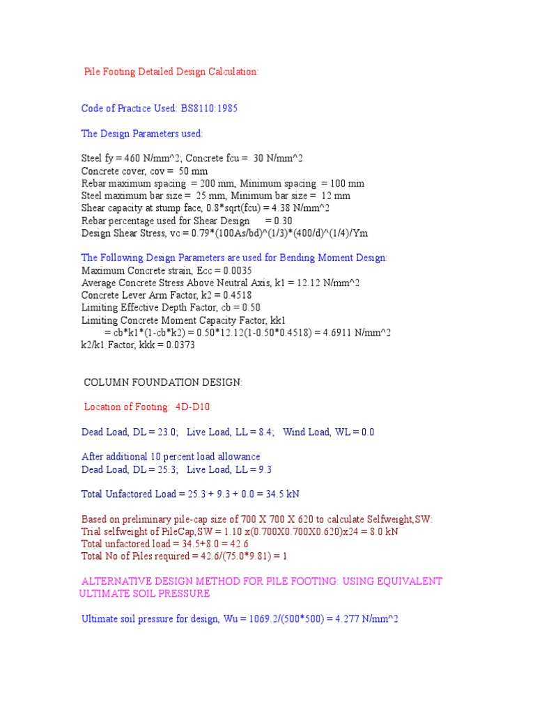 Pile Footing Detailed Design Calculation | Download Free PDF | Bending ...