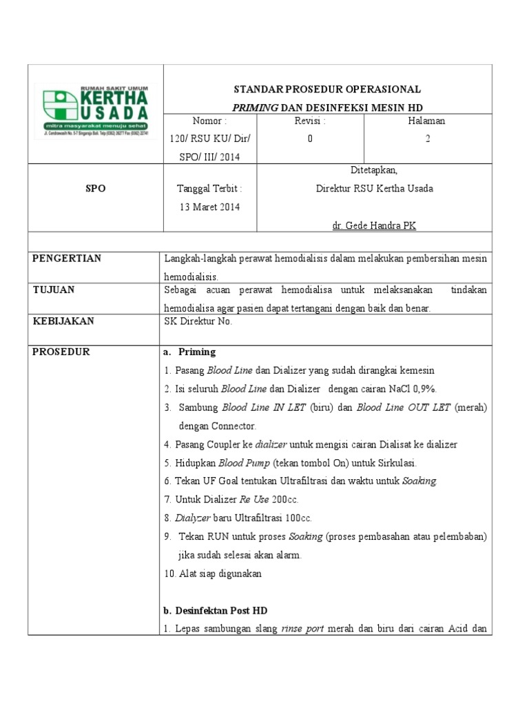 Spo Priming Dan Desinfeksi Mesin HD | PDF