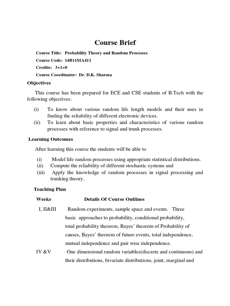 Course Description of Probability Theory and Random Processes | PDF ...
