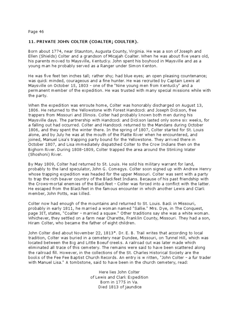 John Colter 1774-1813 Explorer | PDF | Blackfoot Confederacy | Western ...