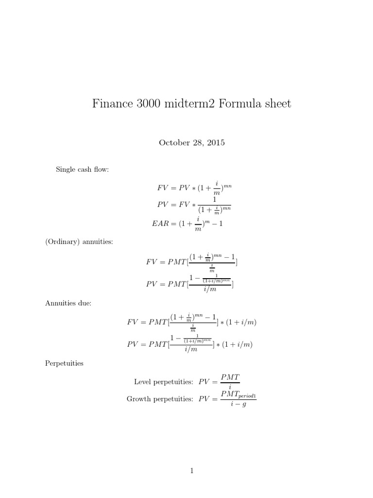 Finance 3000 Midterm 2 Formula Sheet Pdf