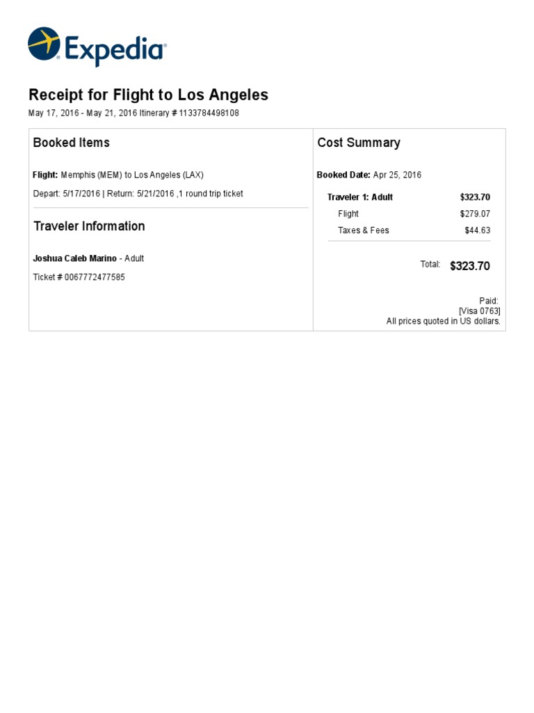 Flight Receipt: MEM to LAX, May 2016 | PDF