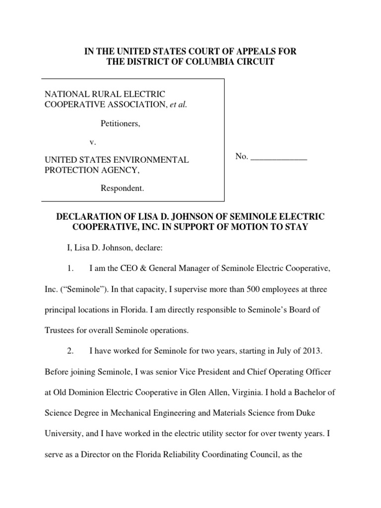 Declaration of Lisa D. Johnson Seminole Electric Coop Vs EPA USCA Case ...