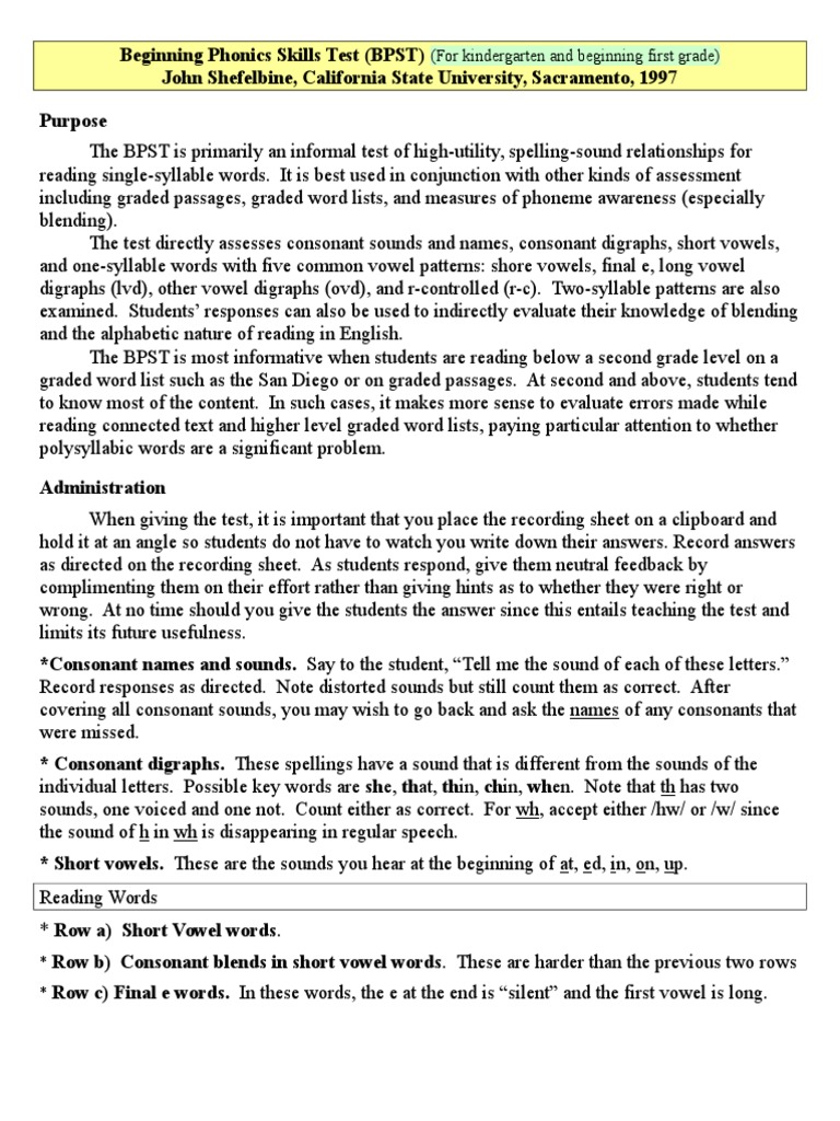 Beginning Phonics Skills Test Overview | PDF | Phonics | Consonant