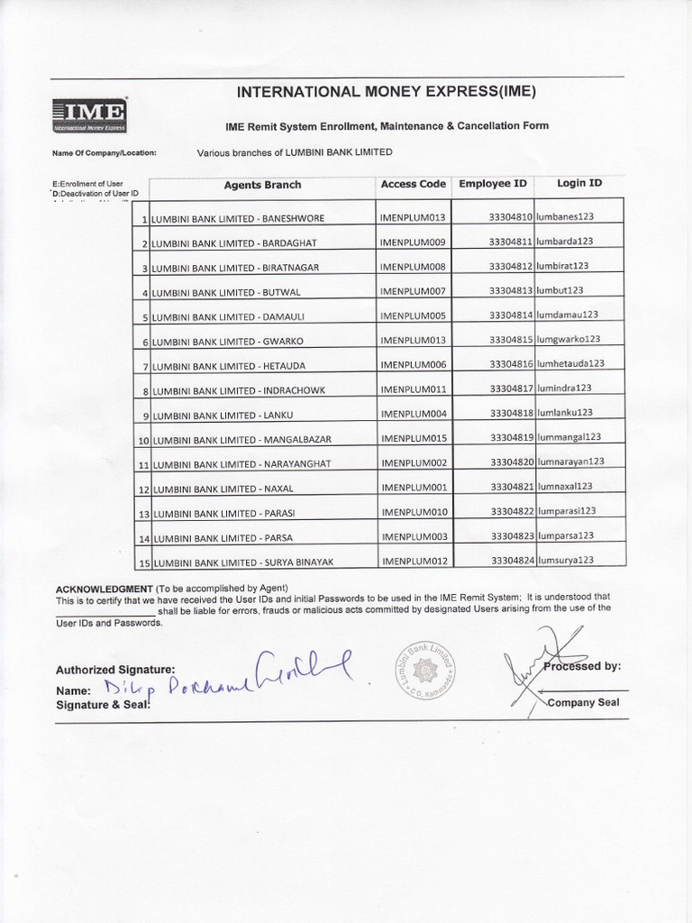IME Remit System User Enrollment Form | PDF | Finance & Money Management