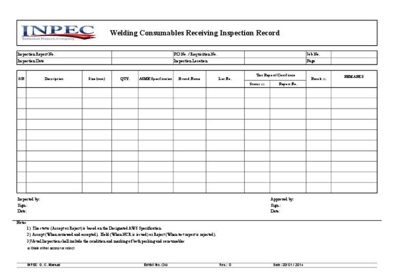Welding Consumables Inspection Record | PDF