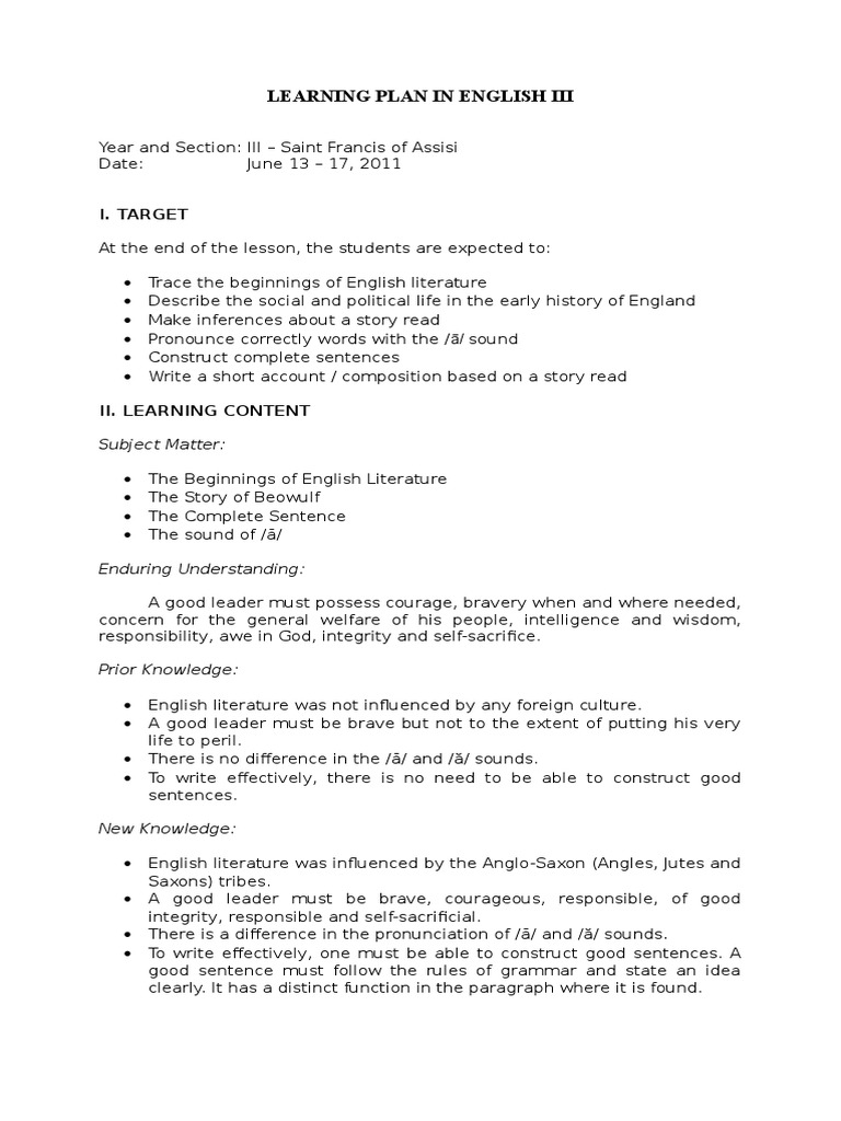 Learning Plan in English III | PDF | Reading Comprehension | English ...