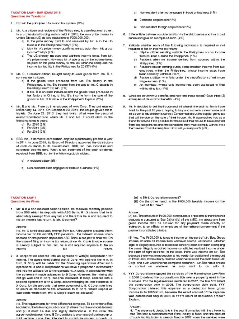 Taxation Law Bar Exam Questions 2015 | PDF | Income Tax | Withholding Tax