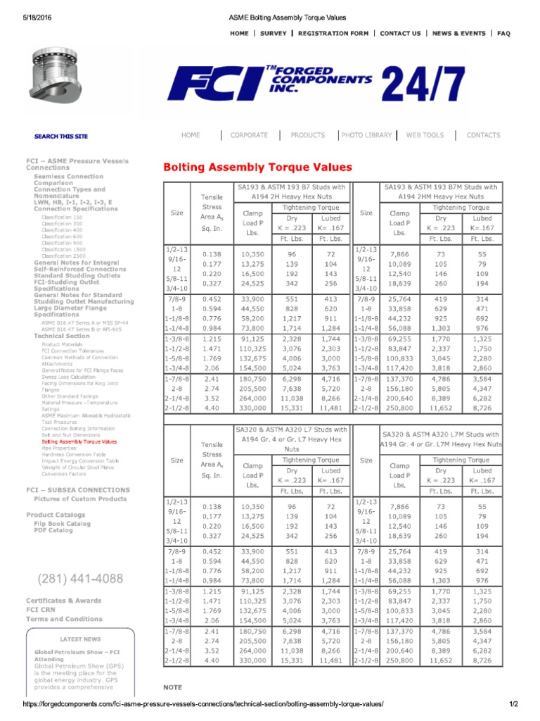 ASME Bolting Assembly Torque Values | PDF
