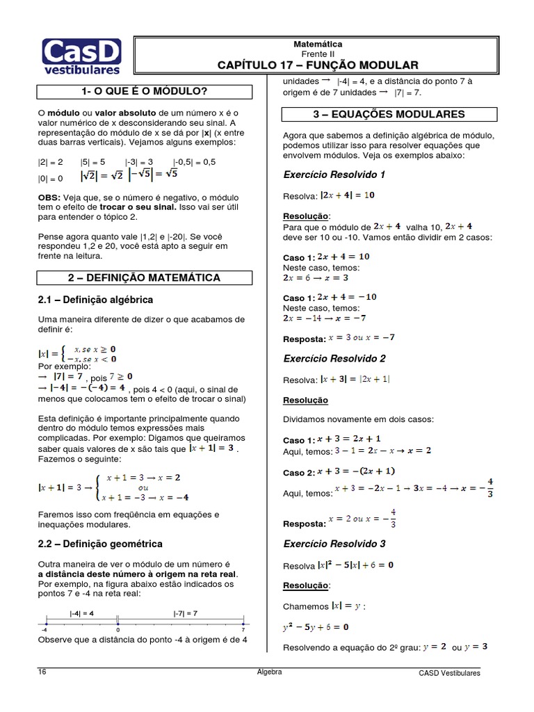 Função Modular e Exercícios Resolvidos | PDF | Equações | Função ...