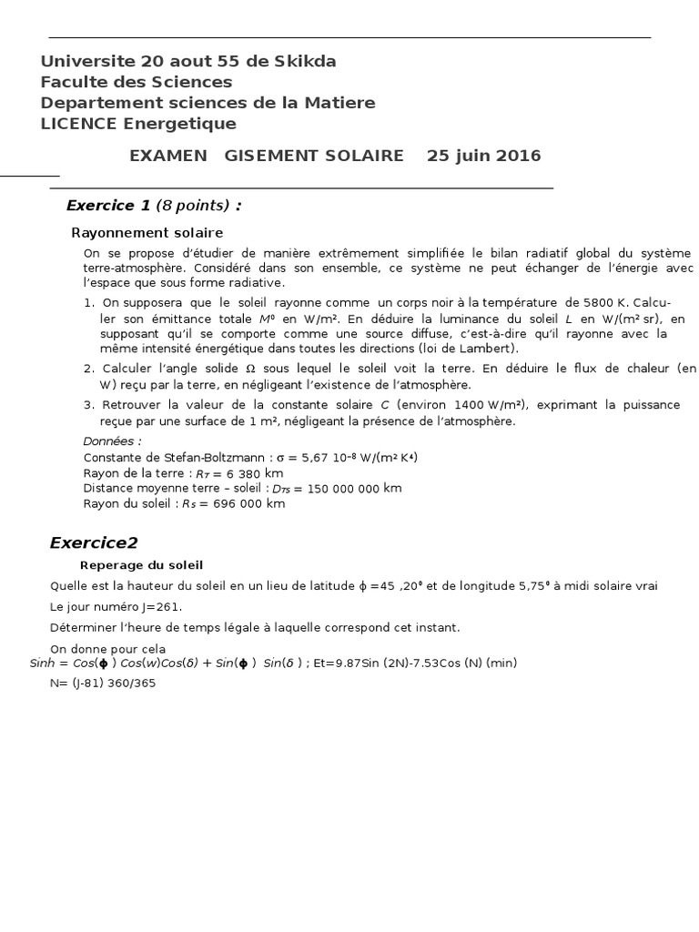 Examen sur le Gisement Solaire 2016 | PDF