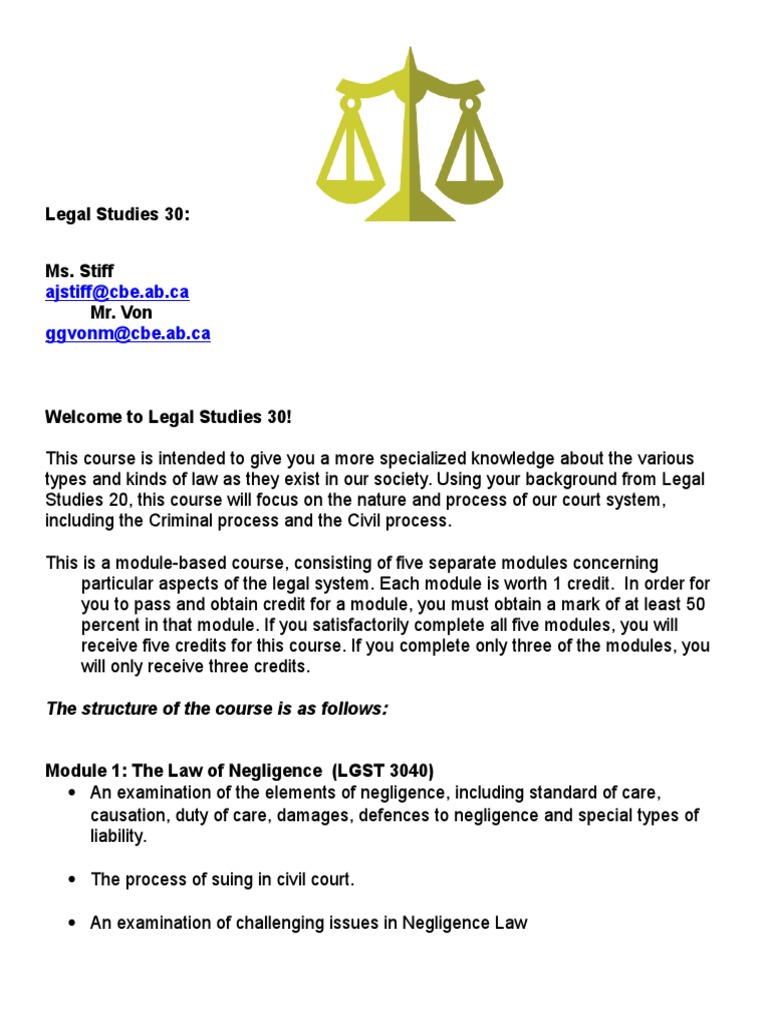 Legal Studies 30 Course Overview | PDF | Negligence | Criminal Law