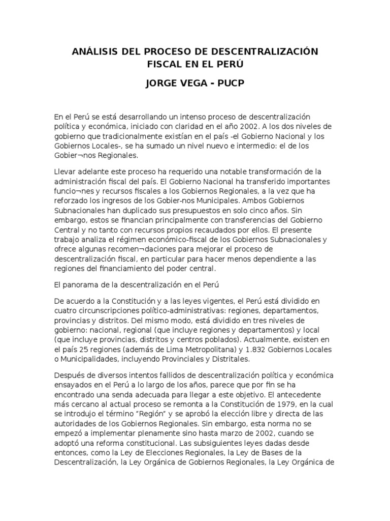 Análisis Del Proceso De Descentralización Fiscal En El Perú Pdf