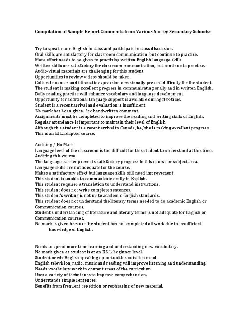 Report Card Comments | PDF | English Language | Reading Comprehension